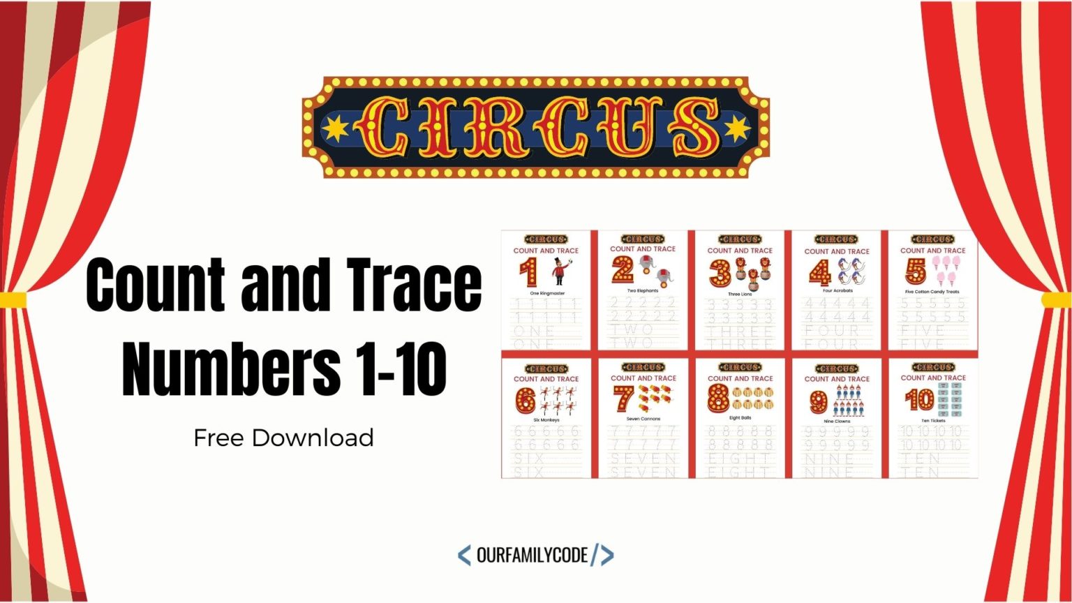 Circus Count and Trace Numbers 1-10 with Ten Frames - Our Family Code