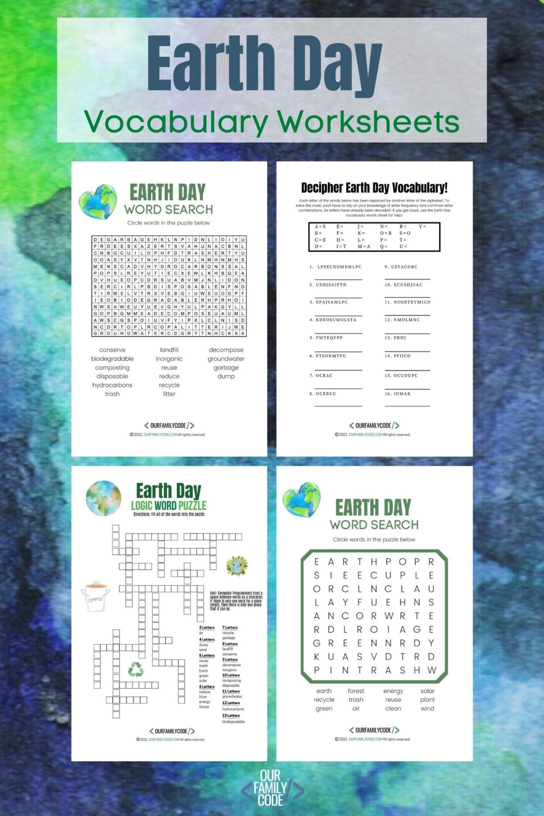 Free Earth Day Vocabulary Worksheets - Our Family Code