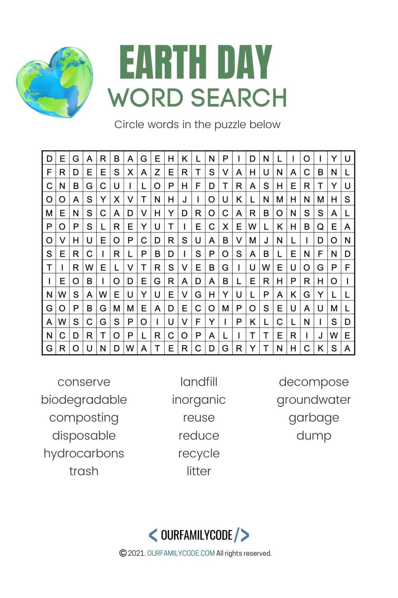 Free Earth Day Vocabulary Worksheets - Our Family Code